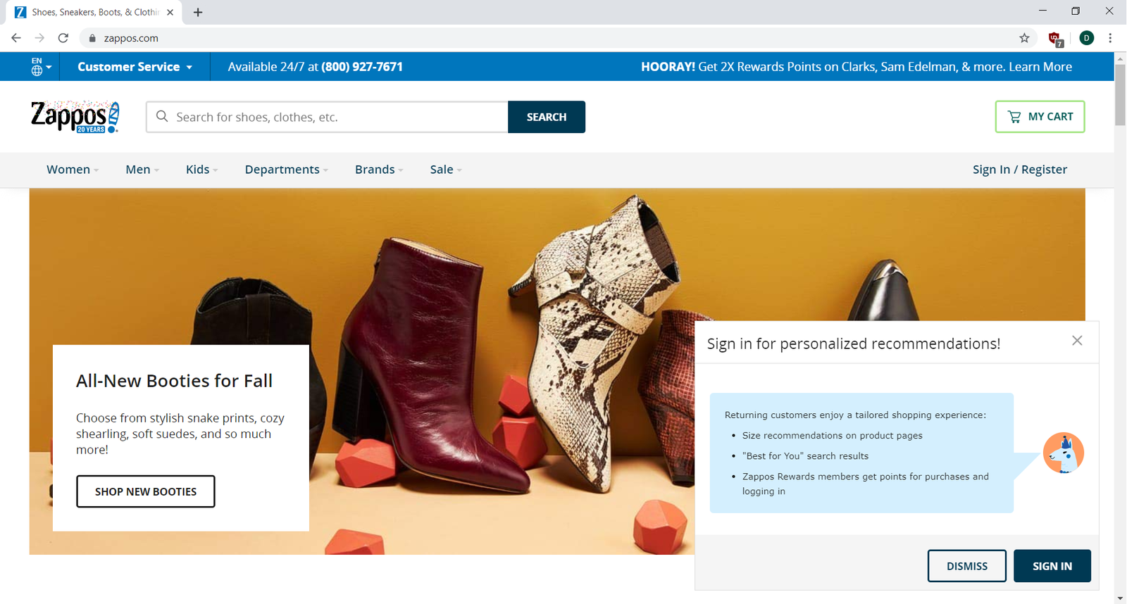 There are a few possible user actions highlighted on the Zappos' home page.